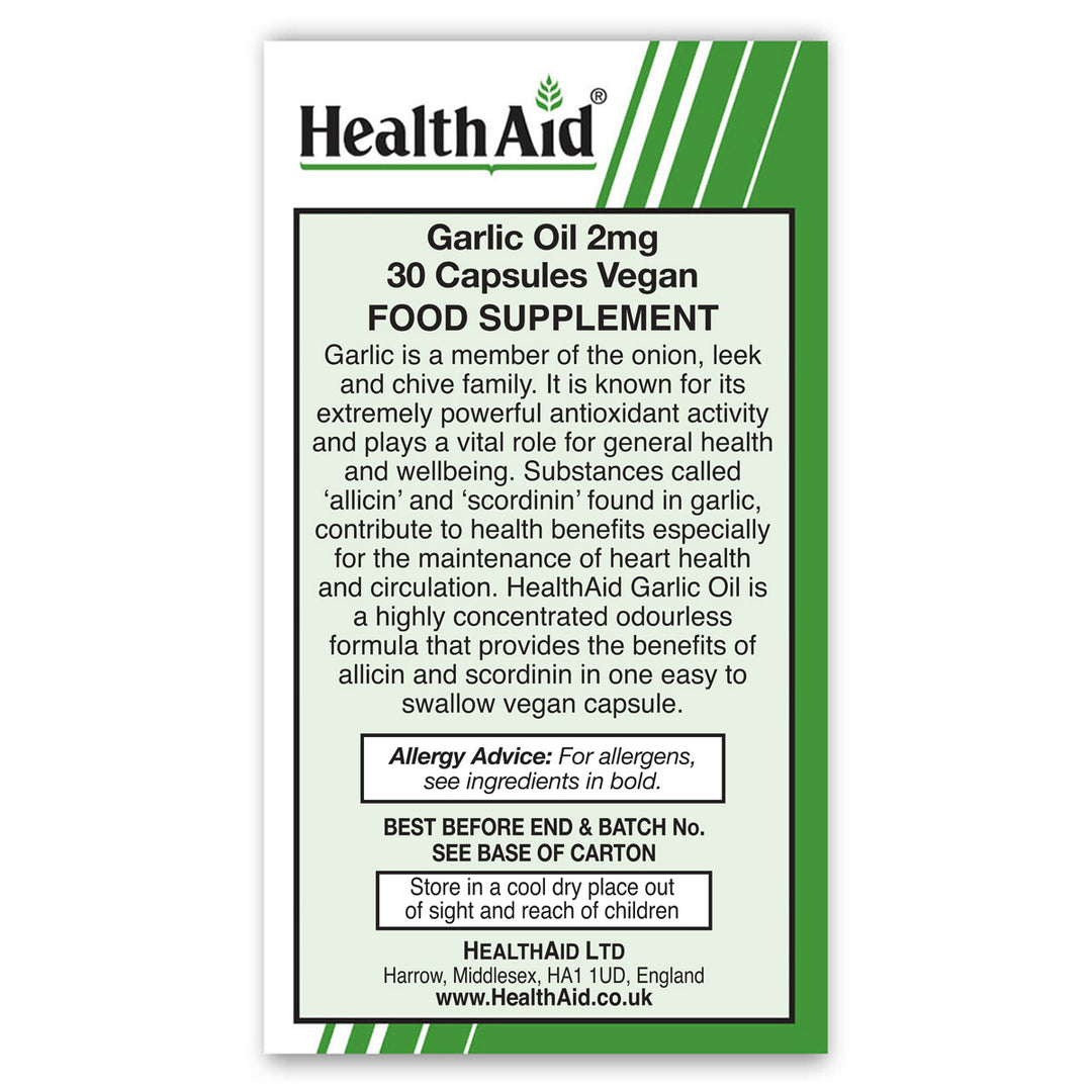 Garlic Oil 2mg Odourless Vegicaps – HealthAid®